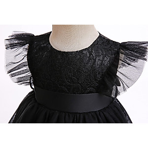 Weileenice Black Flower Baby Girl Tulle Dress 6M/ 6-12 Flutter Sleeve Sheer Back Newborn Girls 1st Birthday Party Wedding Outfit Lace Bow Headband Toddler Photo Shoot Formal Tutu Dresses Christmas