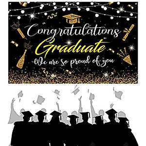2023 Graduation Party Supplies Graduation Banner Black and Gold Large 71” x 45” Backdrop with Congrats Grad Graduation Decorations Indoor Outdoor