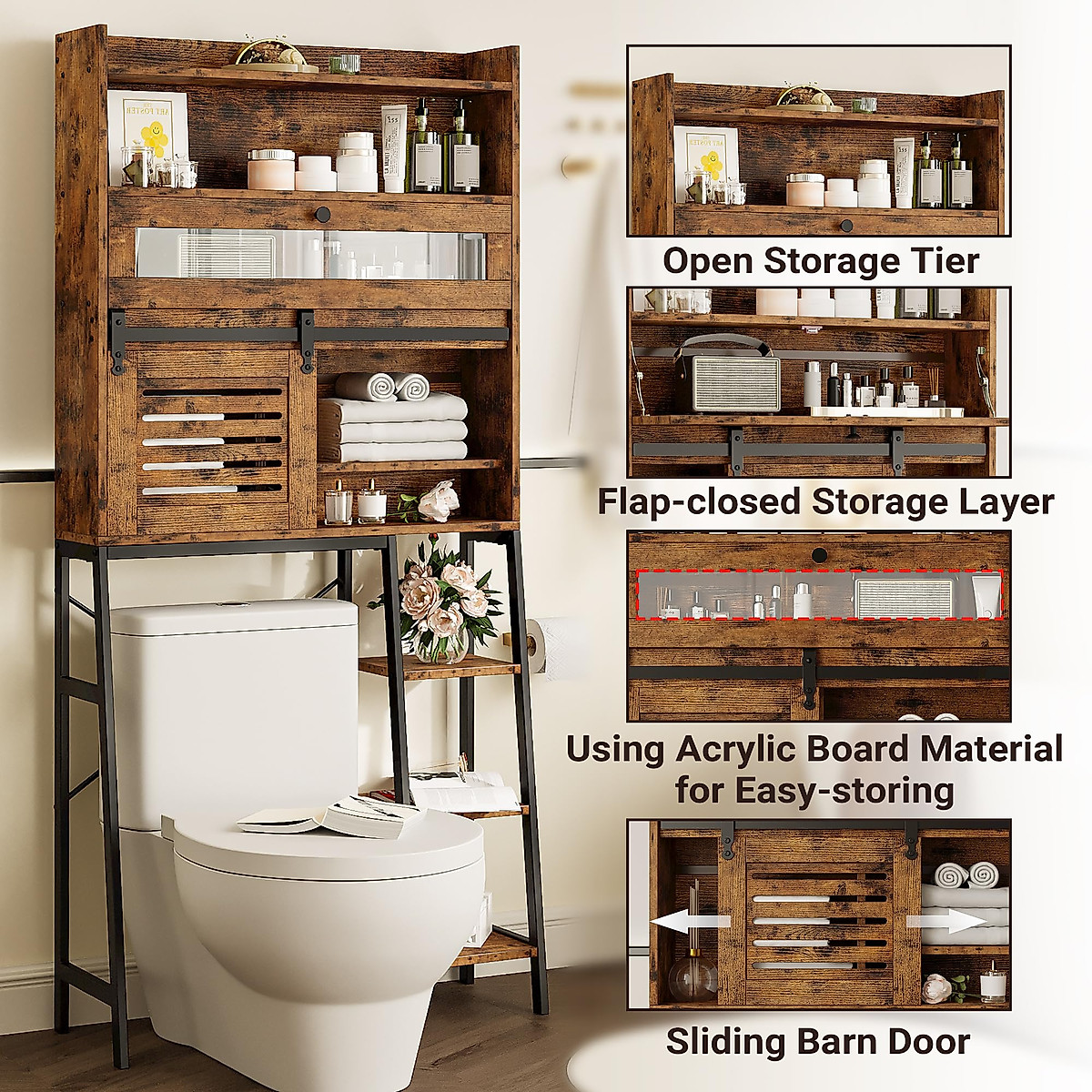 IRONCK Over The Toilet Storage with Cabinet, Sliding Barn Door, Side Storage Open Rack, Mass-Storage Over Toilet Bathroom Organizer for Bathroom, Restroom, Laundry, Vintage Brown