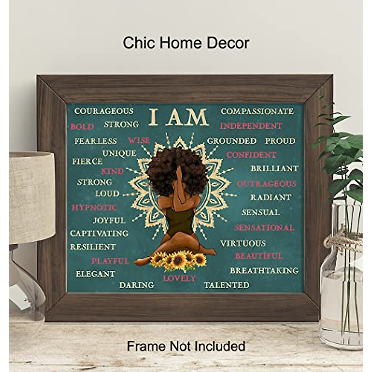 African American Black women Wall Art & Decor -Motivational Inspirational Wall Decor - I Am Positive Affirmations Poster - Zen Meditation New Age Home Decor - Encouragement Gifts - Positive Quotes