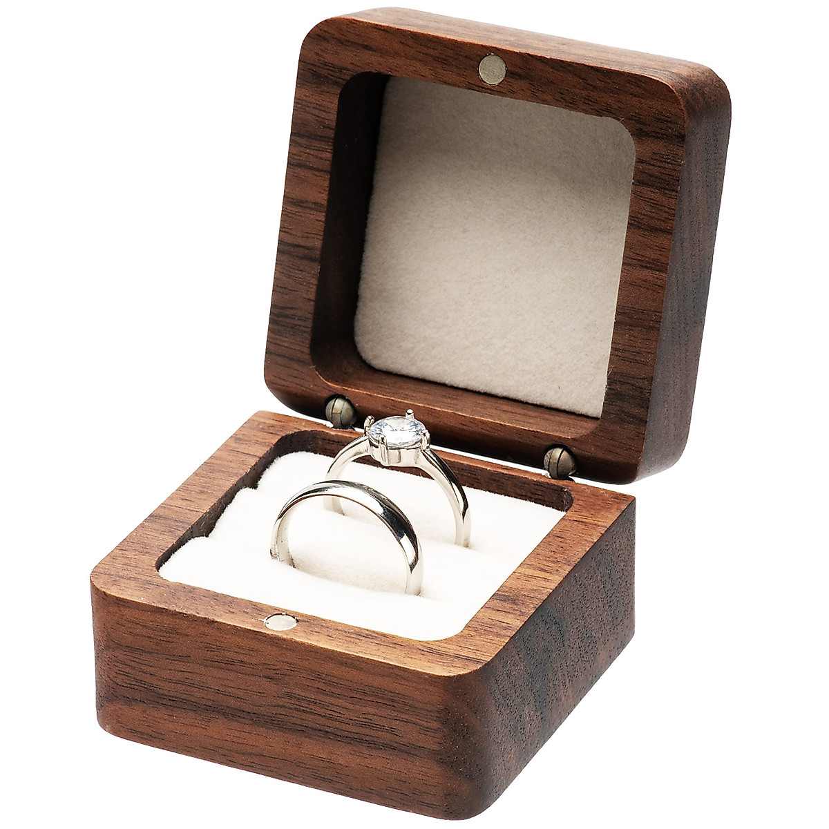 COSISO Square Solid Wood Double Ring Box Case for Wedding Ceremony Engagement Proposal,Wooden Ring Holder for 2 Rings (Beige Inner)