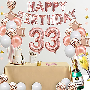 Fancypartyshop 33rd Birthday Decorations - Rose Gold Happy Birthday Banner and Sash with Number 33 Balloons Latex Confetti Balloons Ideal for Girl and Women 33 Years Old Birthday Rose Gold
