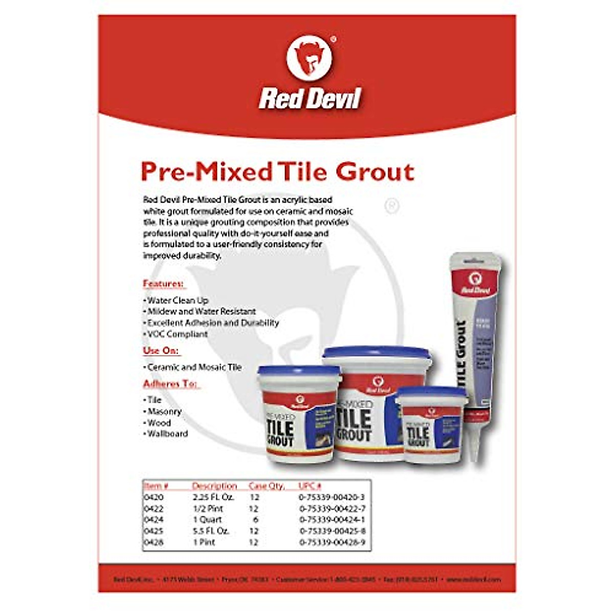 Red Devil 0422 Pre-Mixed Tile Grout, 1/2 Pint , White