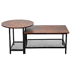 BETTAHOME 2 Piece Industrial Coffee Table Set, Detachable Nesting Rectangular and Round Side Table with Storage Shelf, Ideal for Living Room, Small Spaces Rustic Brown BT003