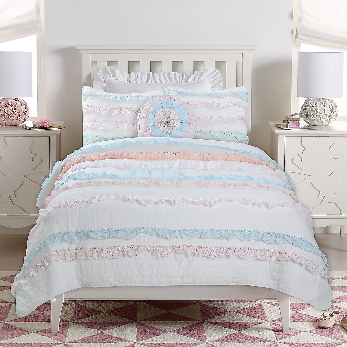 Cozy Line Home Fashions Light Pink Blue Coral White Ruffle 100% Cotton Reversible Girl Quilt Bedding Set, Reversible Coverlet Bedspread (Shabby Chic, Queen - 3 Piece)
