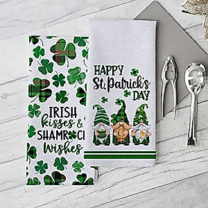 Seliem Happy St. Patrick's Day Gnome Clover Kitchen Dish Towel Set of 2, Irish Kisses Shamrock Wishes Hand Towel Green Check Drying Baking Cooking Cloth, Spring Holiday Home Kitchen Decor 18x26 Inches