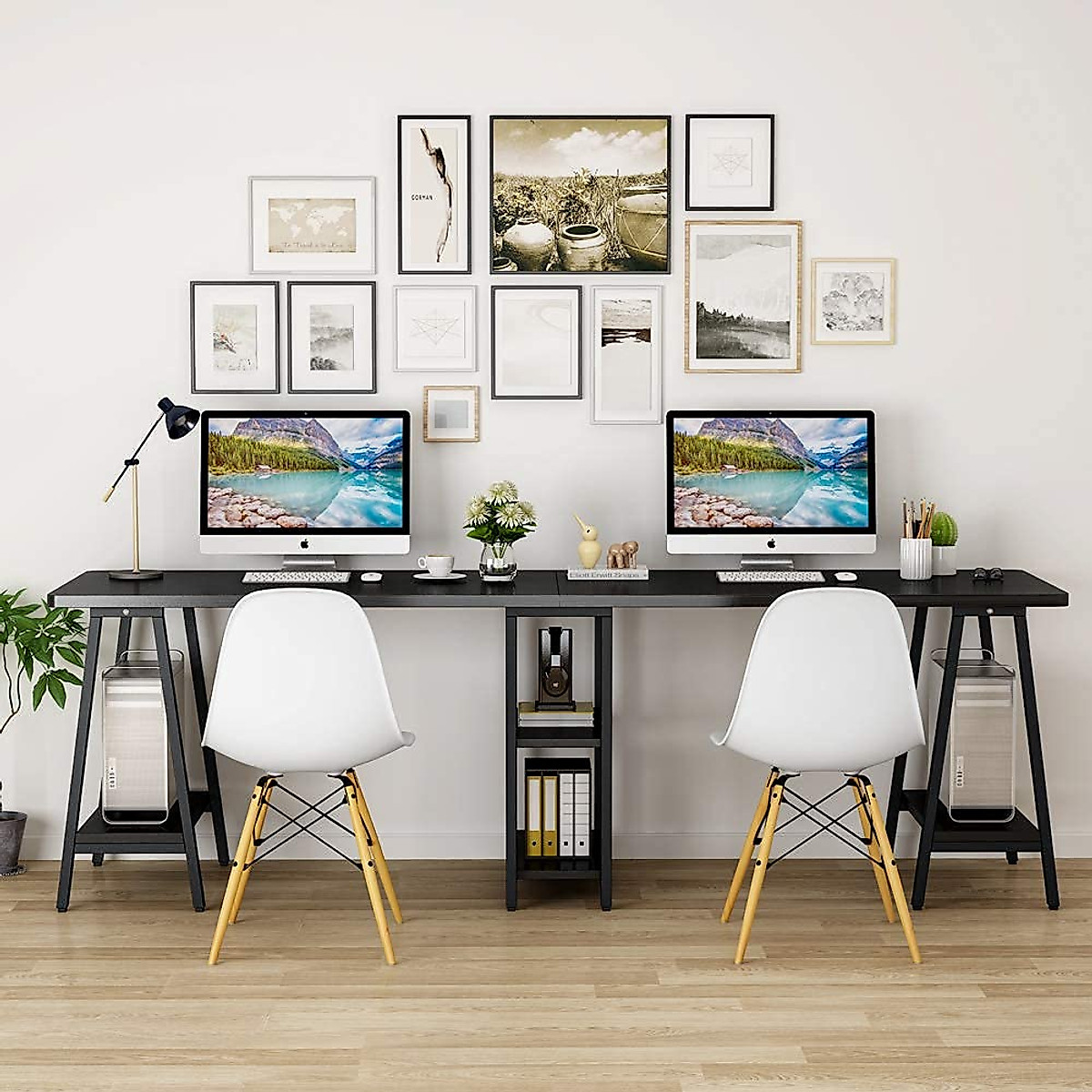 Tribesigns Two Person Desk, 94.5 Inch Double Computer Desk with Storage Shelves, Large Gaming Desk Studying Writing Workstation for Home Office, Black