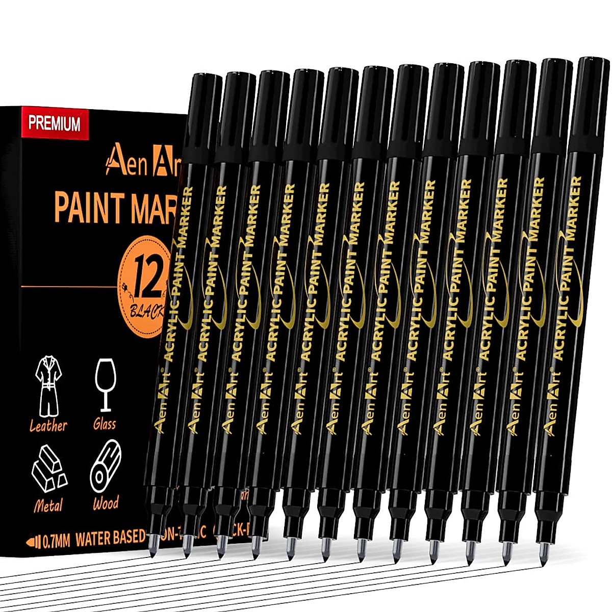 Black Paint Pens, 0.7mm Acrylic Paint Pens, 12 Pack Paint Markers for Wood Rock Plastic Glass Stone Metal Canvas Ceramic & DIY Mug Design, Fine Point