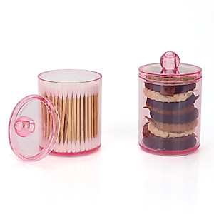 DAPOWER 2 Pack Qtip Holder Vanity Storage Canister for Cotton Ball Cotton Swab Pads Floss, 10-Ounce Clear Plastic Apothecary Jar with Lid, Bathroom Organizers and Storage (2)