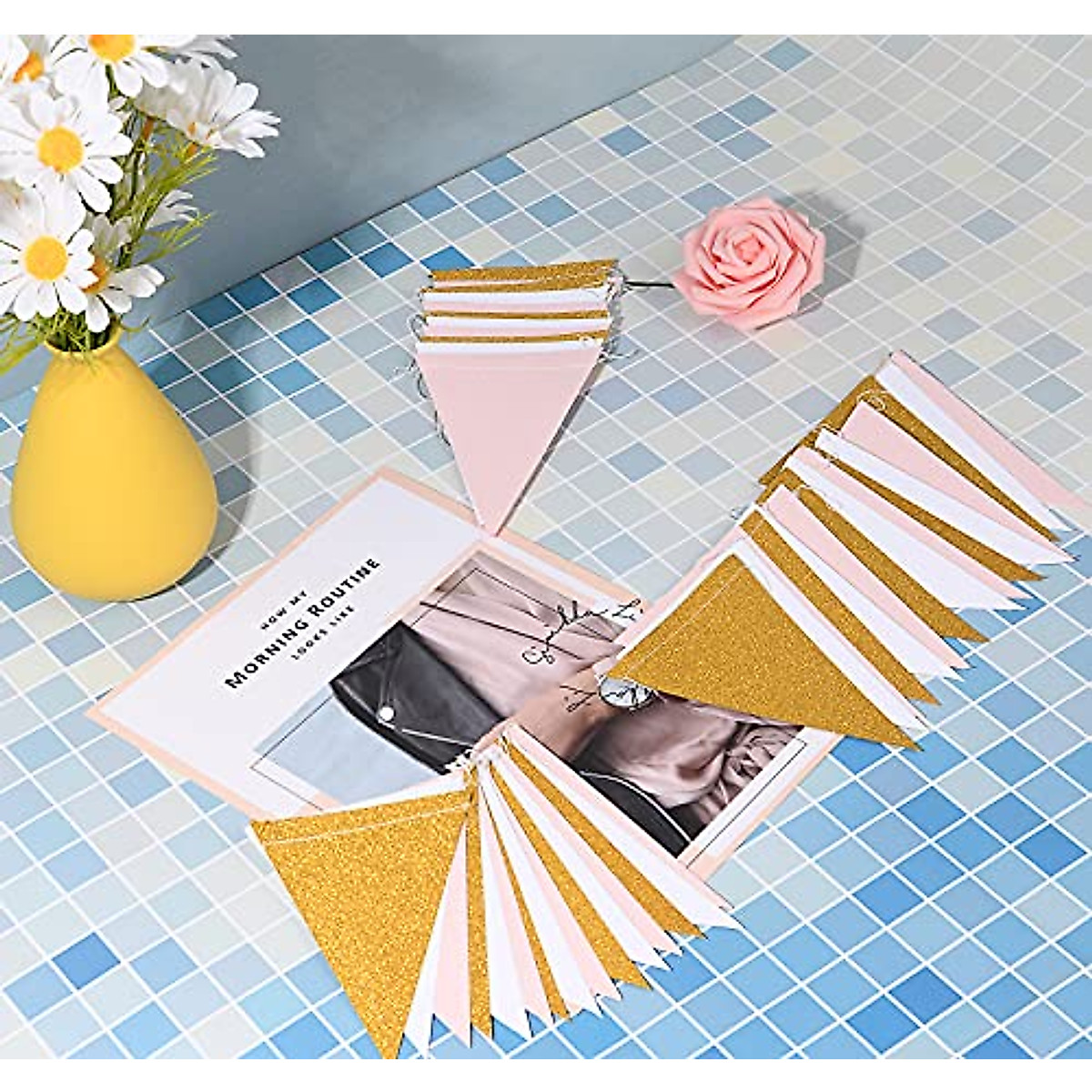 MerryNine Triangle Flag Bunting Banner, 3 Pack 30 Feet Vintage Style Pennant Banner for Wedding, Baby Shower, Event & Party Supplies 45pcs Flags (Triangle Flag - Pink White Gold Glitter)