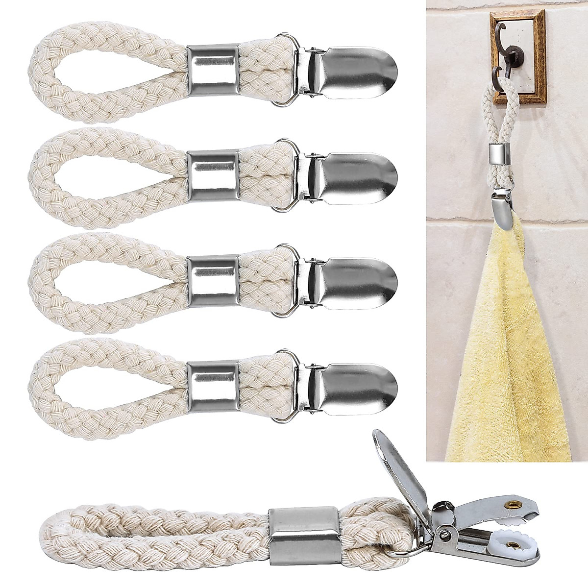 5 Pack Hanging Tea Towels Clip,Metal Kitchen Towels Clips with Hanging Loop Cloth Hook Clip Hangers for Home Kitchen Bathroom Cupboards Cloth Hanger Holder Brackets-Braided Cotton Loop
