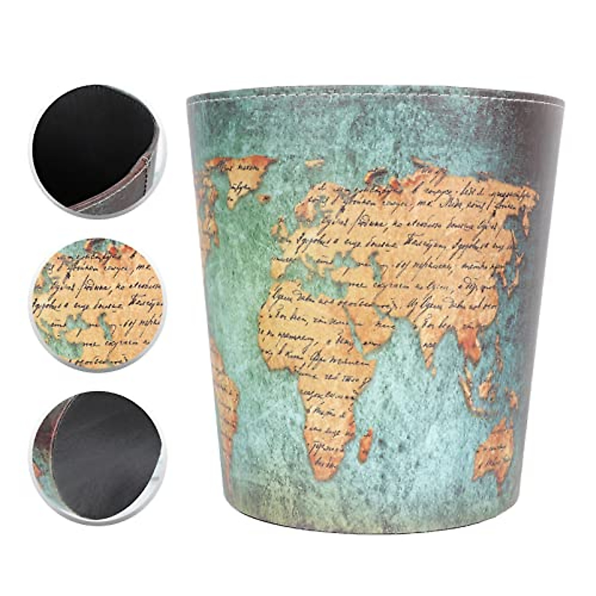 Cabilock Office Decor Retro Waste Bucket Leather Trash Can Paper Wastebasket: Waste Paper Bin European British Style Garbage Can Uncovered Waste Bin World Map Pattern Waste Paper Basket Car Decor