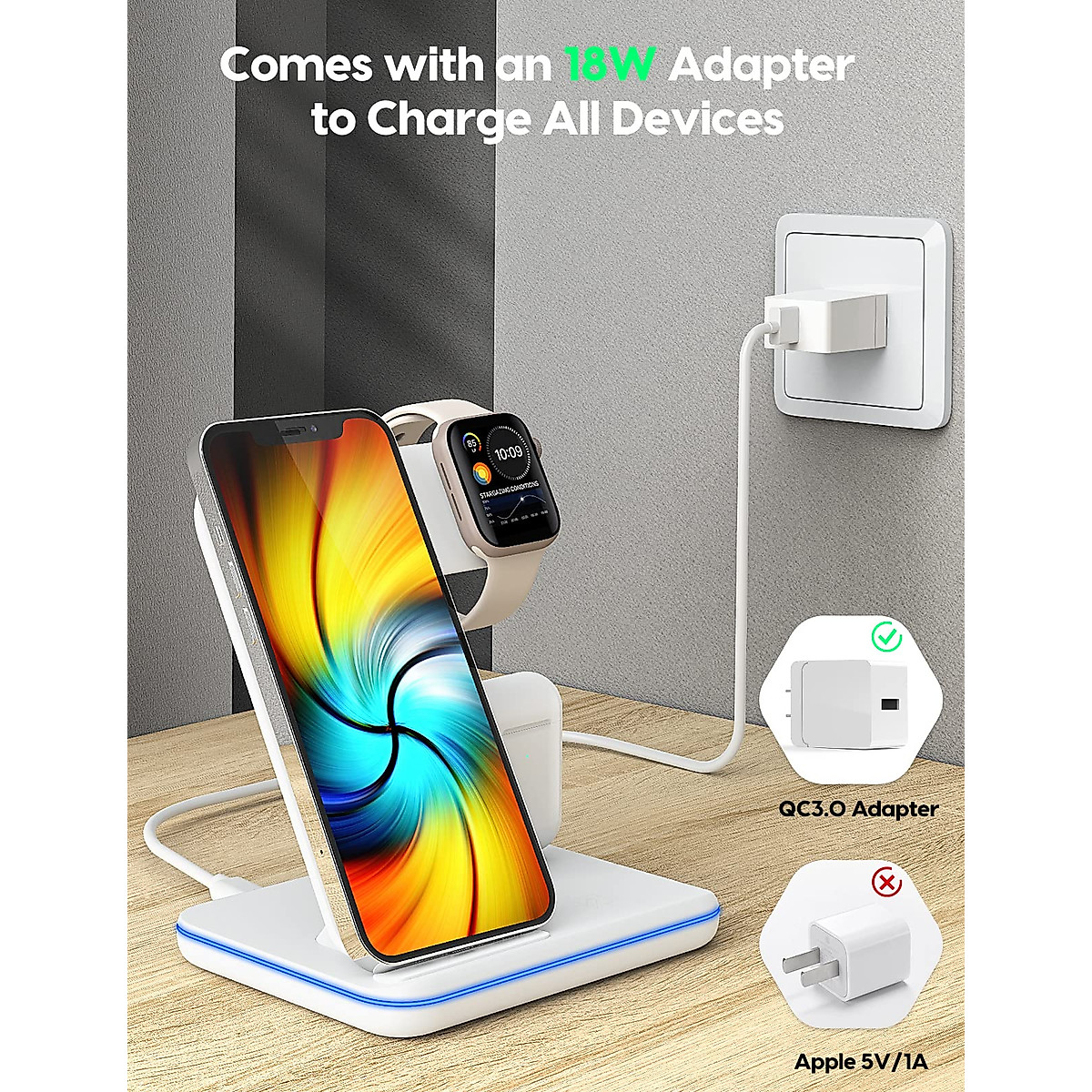Wireless Charging Station, 2023 Upgraded 3 in 1 Wireless Charger Stand with Breathing Indicator Compatible with iPhone 14/13/12/11 Pro/XS, AirPods 3/2/1/pro 2, iWatch Series 8/7/6/5/4/3/Ultra
