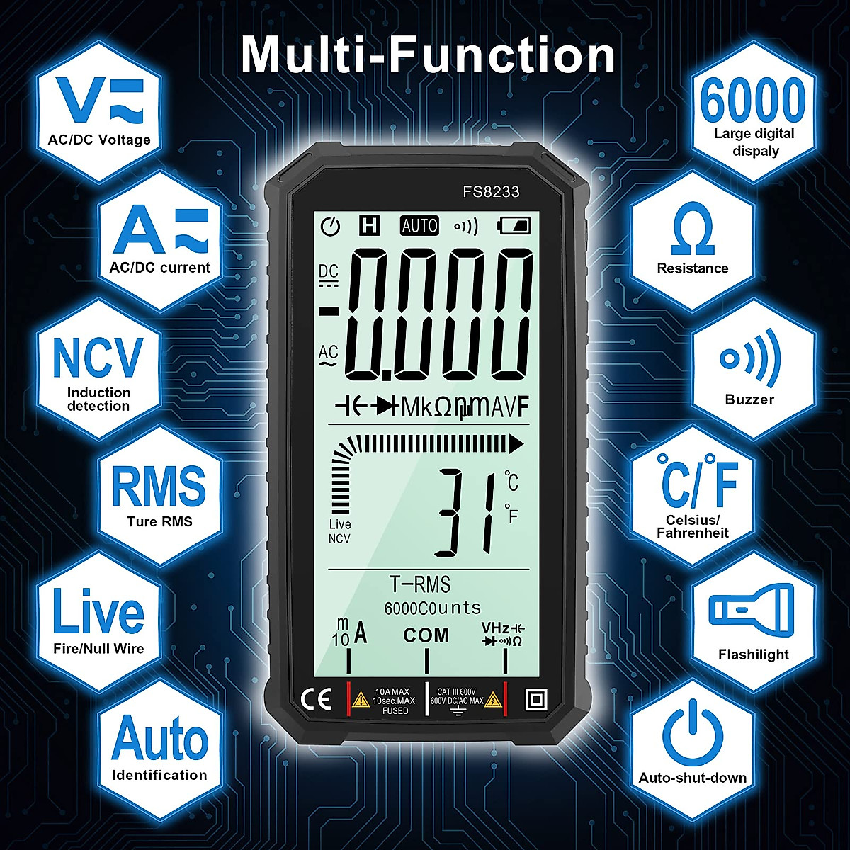 BlumWay 4.7 Inch LCD Digital Multimeter TRMS 6000 Counts Voltmeter Auto-Ranging Fast Measures Voltage Current Amp Resistance Diodes Continuity Duty-Cycle Capacitance Temperature for Automotive