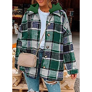 SHEWIN Womens Casual Plaid Hooded Flannel Shacket Jacket Hoodie Fall Winter Long Sleeve Oversized Button-Down Boyfriend Shirts Tops,US 18-20(2XL),Green