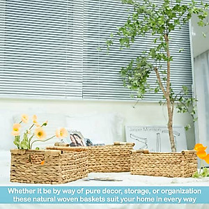 Wicker Baskets for Storage Organizing, Water Hyacinth Storage Baskets Rectangular with Wooden Handles for Shelves, Natural Wicker Storage Basket Bins - Set of Wicker Baskets for Organizing with Handle