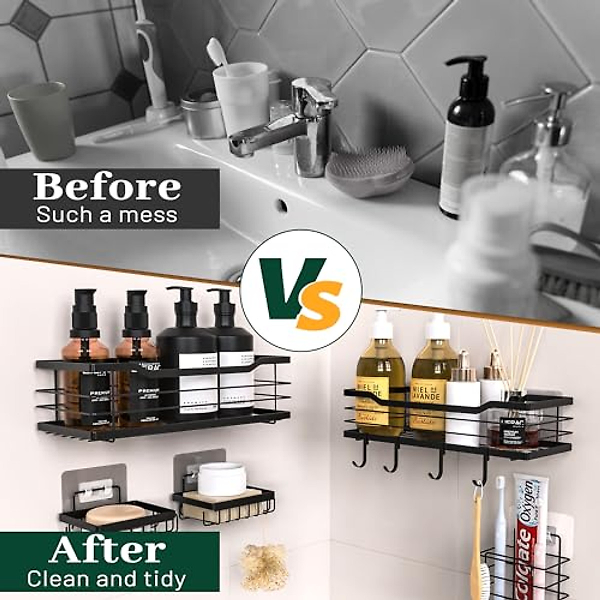 BTSD-home Shower Caddy Bathroom Organizer 5 Pack Rustproof Shower Rack Adhesive Shower Shelves with 4 Hooks, 2 Soap Holder, 1 Toothbrush Holder, Stainless Steel for Home Decor Bathroom Accessories