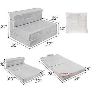 LOVMOC Tri Folding Sofa Mattress, High-Density Memory Foam Sofa Bed with a Fluffy Pillow, Futon Floor Couch Guest Bed, Twin Size, Grey