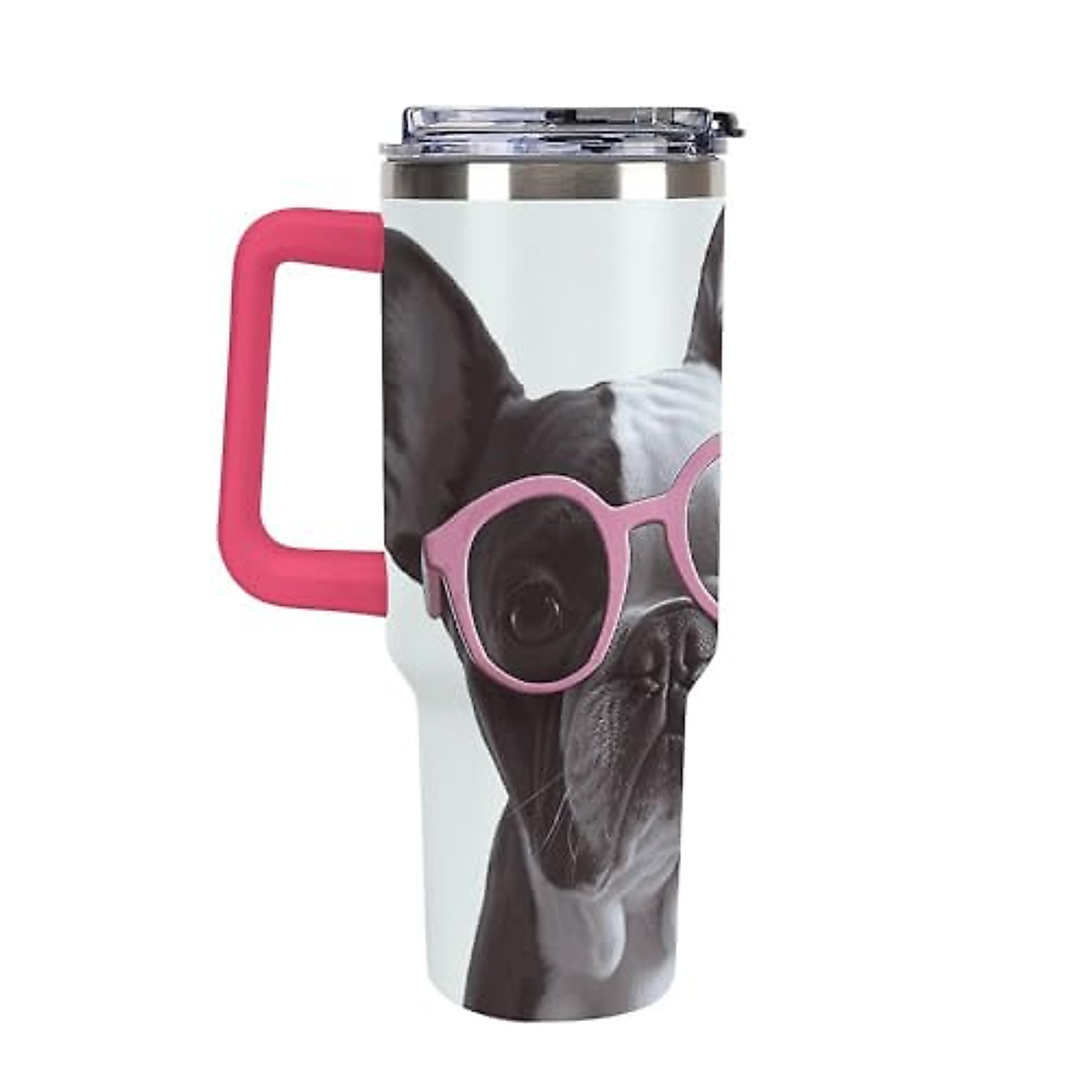 40 Oz Vacuum Tumbler with Light Rose Red Handle Leakproof Insulated Tumbler French Bulldog Pink Glasses Stainless Steel Travel Mug with Lid And Straw Coffee Cup Cute Water Bottles Cup Holder Friendly