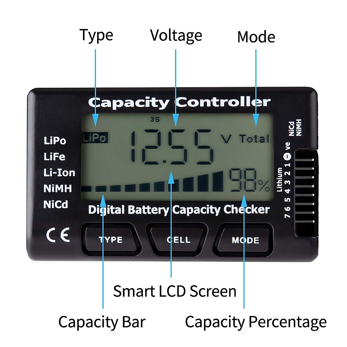 Digital Battery Capacity Tester, Battery Capacity Voltage Checker Controller Tester with LCD for LiPo Life Li-ion NiMH Battery
