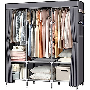 LOKEME Portable Closet, 61-Inch Portable Wardrobe with 3 Hanging Rods and 6 Storage Shelves, Non-Woven Fabric, Stable and Easy Assembly Grey Portable Closets for Hanging Clothes with Side Pockets