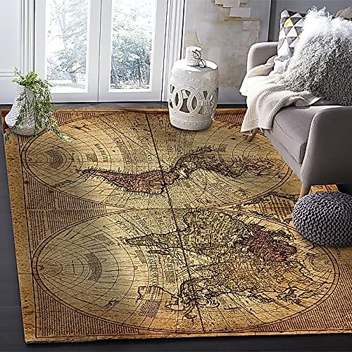 Large Modern Area Rug Contemporary Accent Throw Rug for Living Room, World Map Worldwide Oval Retro Nautical Kraft Background Anti Fatigue Non Slip Floor Carpet Comfort Standing Mat
