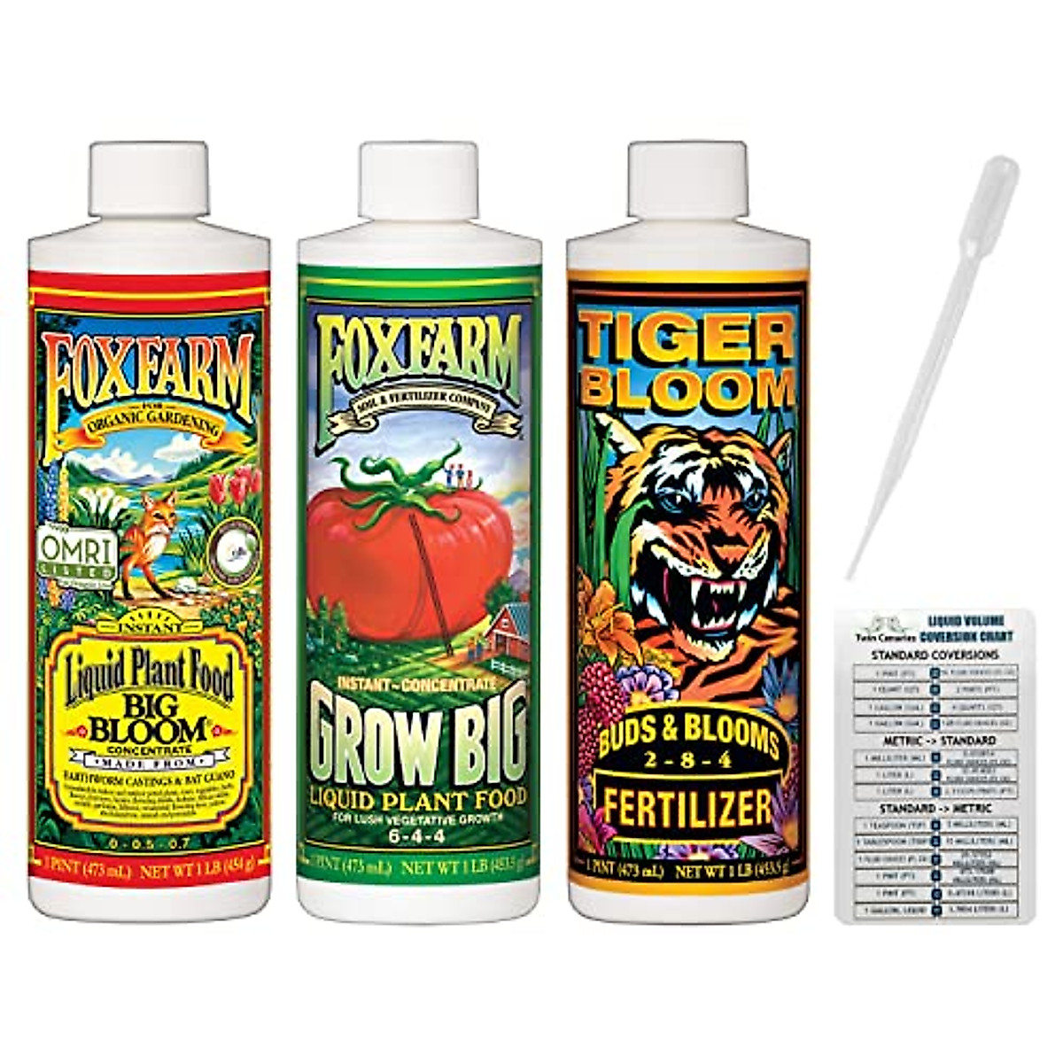 Fox Farm Liquid Plant Fertilizer: Big Bloom, Grow Big, Tiger Bloom (Pack of 3-16 oz. Bottles) 1 Pint Each + Twin Canaries Chart & Pipette