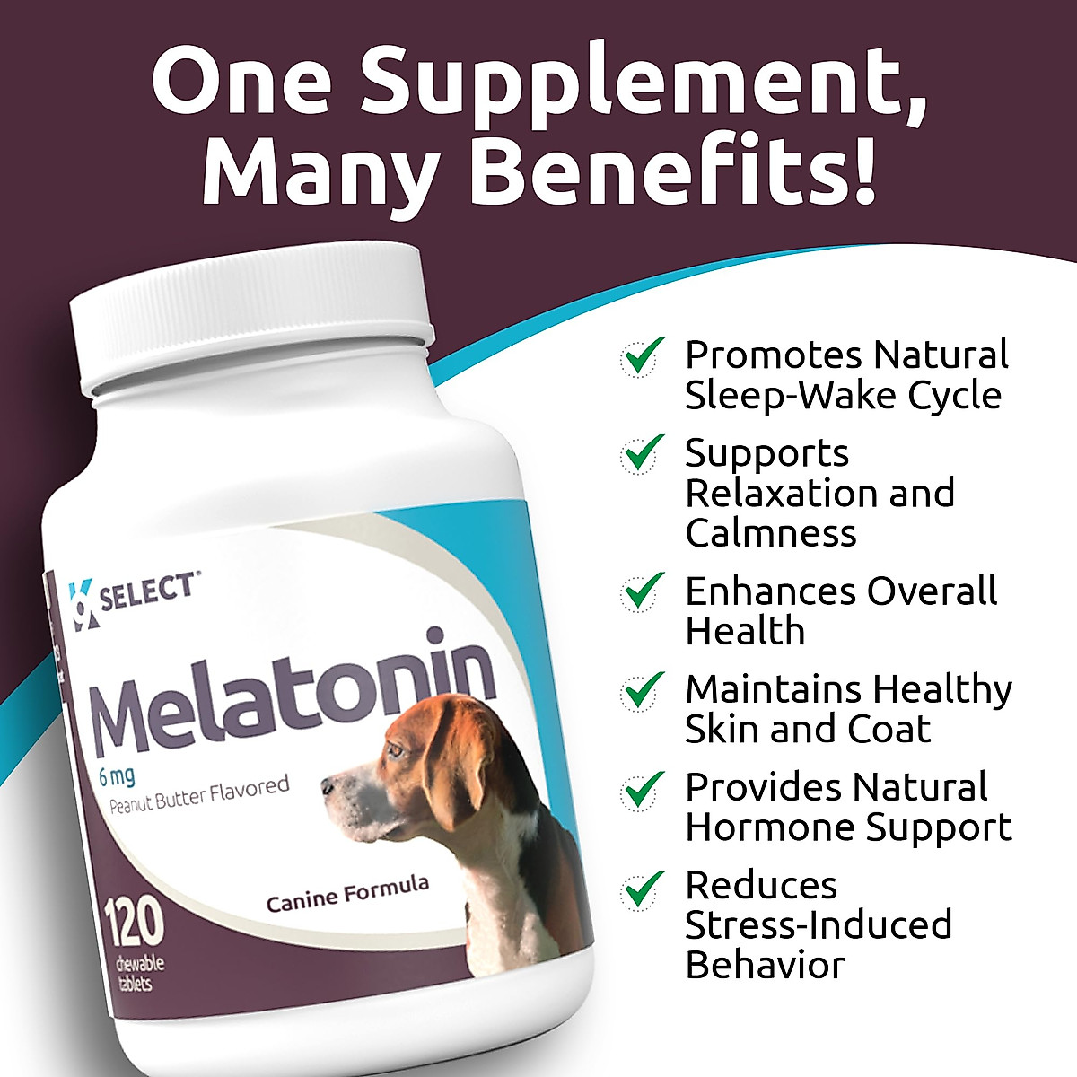 K9 Select Melatonin for Dogs - Calming Chews - Dog Melatonin for Sleep - Reduce Stress, Helps Composure Calming Treats for Large Dogs - 6 mg, 120 Peanut Butter Flavored Chewable Tablets