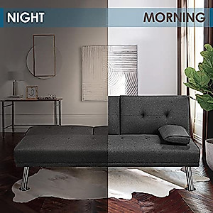 Yaheetech Linen Fabric Modern Sofa Bed Sectional Couch Bed Folding Recliner Sleeper Reversible Loveseat Convertible Daybed, 2 Cup Holders, 3 Angles, 772lb Capacity, Removable Armrests, Dark Gray