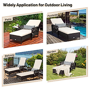 RELAX4LIFE Patio PE Rattan Chaise Lounge, Outdoor Recliner with Thick Cushion, Lumbar Pillow, 6-Gear Adjustable Backrest & Non-Slip Foot Pads, Sunbathing Lounger, Yard Wicker Couch Chair, White