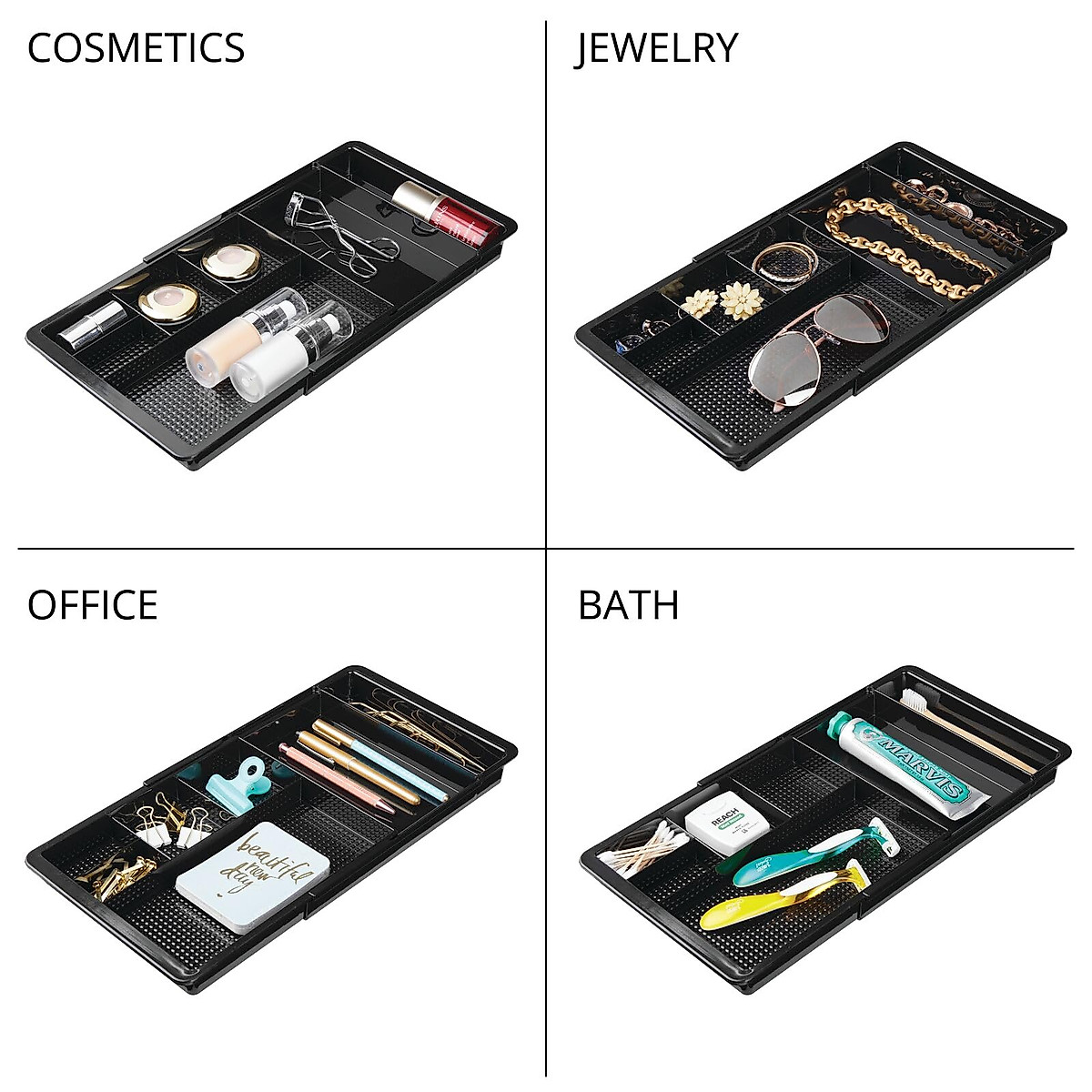 mDesign Adjustable, Expandable Divided Office Desk Drawer Organizer Tray for Office Supplies, Gel Pens, Pencils, Markers, Tape, Erasers, Paperclips, Staples - 7 Compartments, 1.25" High - Black