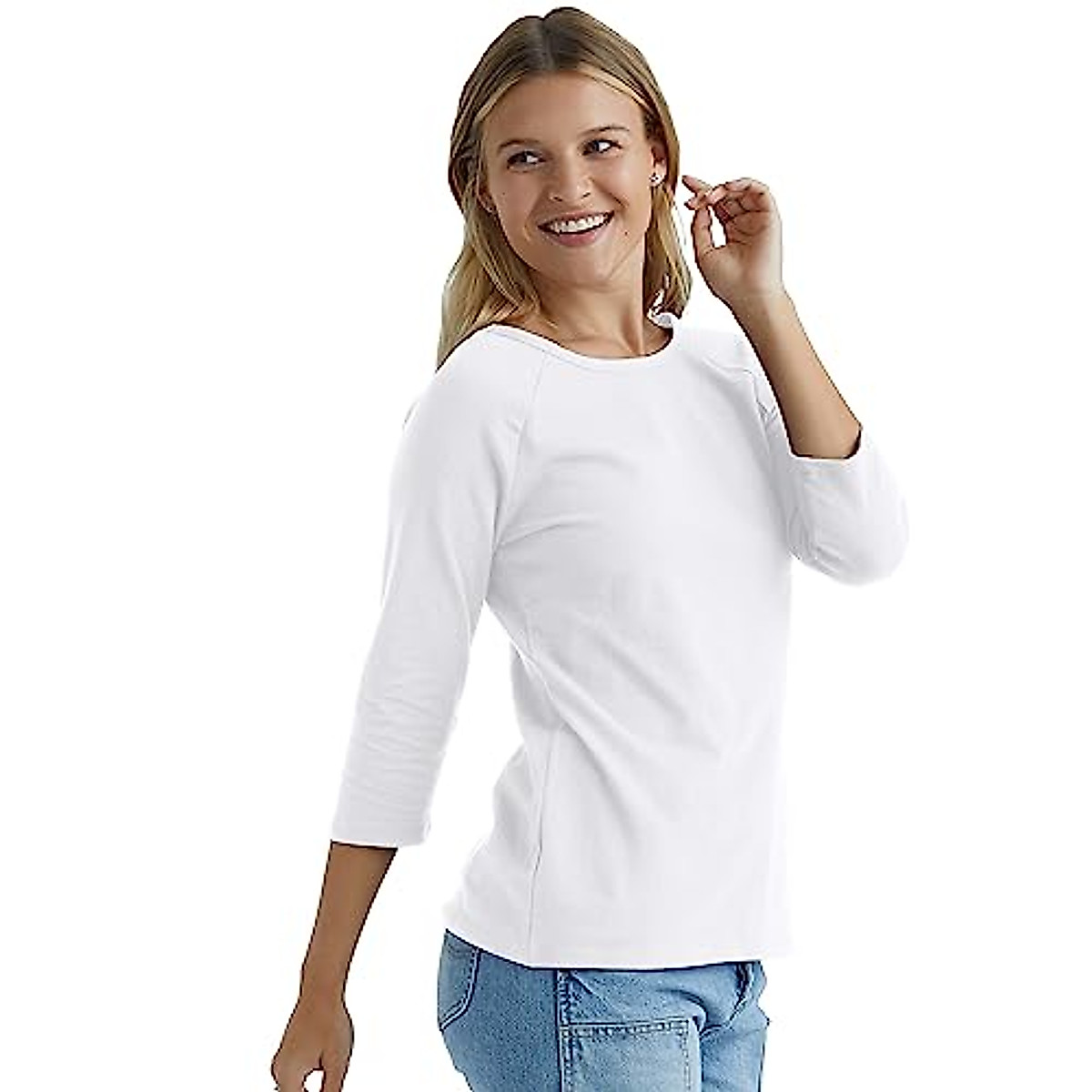 Hanes Women's Stretch Cotton Raglan Sleeve Tee, White, X Large