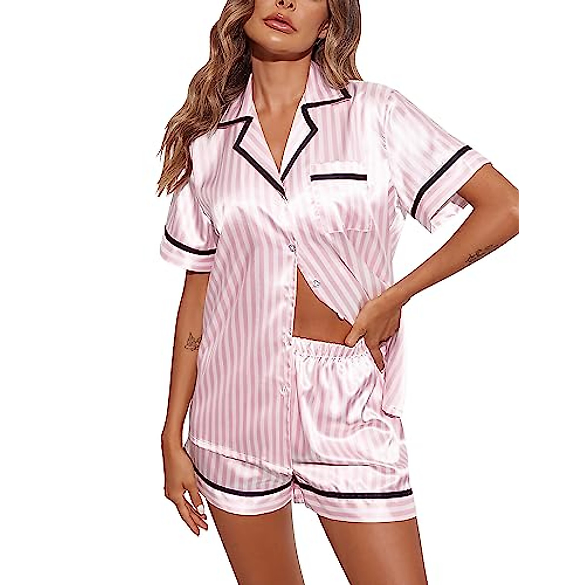 Ekouaer Womens Short Satin Pajama Sets Comfortable Relaxed Button Front Silk Sleepwear Set (Pink Stripe,L)