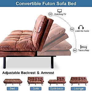 Maxspeed Sofa Bed Couch, Memory Foam Futon Sofa Bed with Mattress and Frame Included,Comfortable Brown Faxu Leather Loveseat Sleeper Sofa for Dorm Apartment Office College Small Space Bedroom