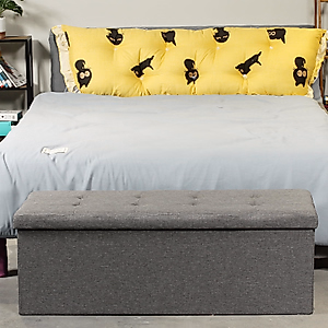 PINPLUS Folding Storage Ottoman Bench, Grey Linen Long Storage Chest Foot Rest Stool with Padded Seat, Toy Chest with Tray, Bedroom Bench with Storage, 43.3inches