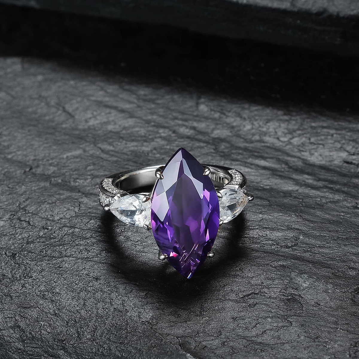 Jupiter Natural Gemstone Marquise Ring - 925 Sterling Silver Rhodium Plated Genuine Gemstone Women Ring, Glamour Natural Gemstone Birthstone Rings Jewelry Gifts for Valentine's Day, Mother's Day,