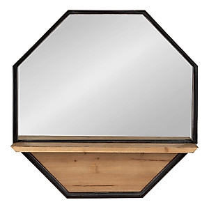 Kate and Laurel Owing Large Rustic Farmhouse Metal Octagon Wall Mirror with Shelf, Black