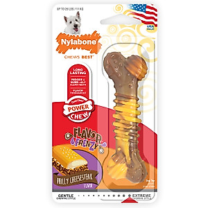 Nylabone Power Chew Flavor Frenzy Dental Bone Chew Toy for Dogs, Indestructible Chew Toys for Aggressive Chewers, Philly Cheesesteak Flavor, Small/Regular - Up to 25 Ibs. (1 Count)