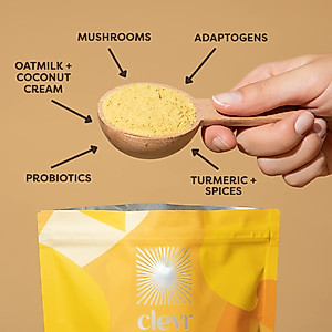 Clevr Blends Turmeric Powder Oat Milk Instant Latte Mix, Golden Milk, Moon Milk Latte Organic Spices, Coconut Superfood Creamer SuperLatte, Adaptogens, Reishi and Lion’s Mane Mushrooms and Probiotics