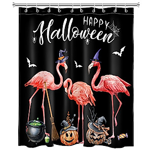 LB Happy Halloween Shower Curtain for Bathroom,Pink Flamingo and Orange Pumpkin with Magic Hat Broom Fabric Shower Curtain with Hooks,Horror Holiday Black Bathroom Curtain Shower Set, 60x72 inches