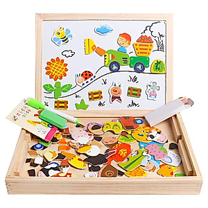 Skrtuan Wooden Educational Toys Magnetic Puzzles for Kids Wooden Art Easel Double Side Educational Learning Games for Boys Girls Children