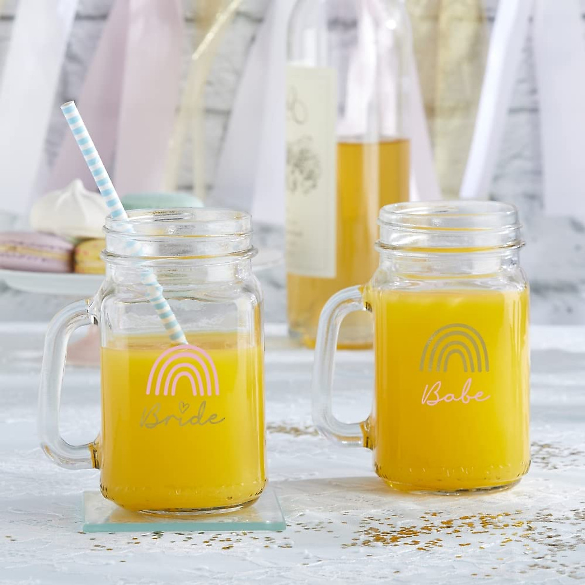 Kate Aspen Bride & Babe 12 oz. Mason Jar Mugs w Lids - Boho Rainbow (Set of 6)