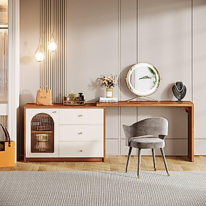 Tribesigns Modern Makeup Vanity, Retractable Large Vanity Desk with 3 Drawers and Cabinet, Makeup Corner Dressing Table for Bedroom, Walnut and White (Without Mirror)