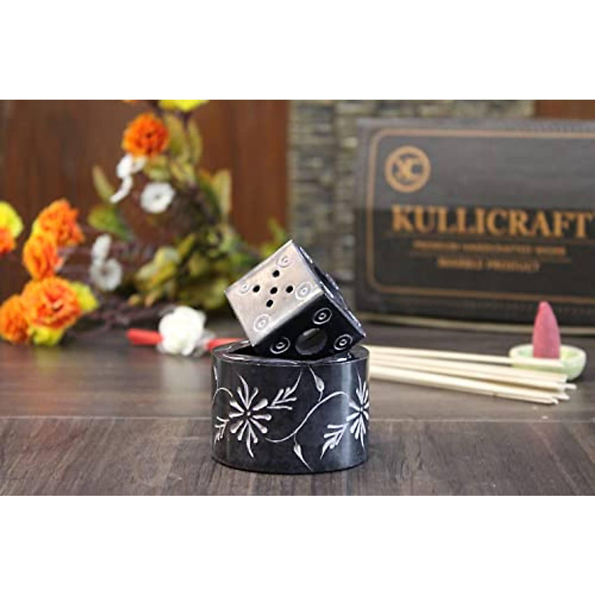 KC KULLICRAFT Hand Carved Black Soapstone Incense Holder | Candle Stick Burner | Tea Light Stand. Decorative Round Shape Carving for Home and Office Decor. (2.5 x 2.5 x 2 Inches)