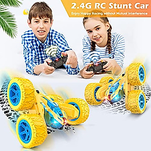 Qumcou Remote Control Car, RC Cars Stunt Car Toys for Kids, 2.4Ghz High Speed Double-Sided 360°Rotating Toy Cars with Cool Headlights, Christmas Birthday Gifts for Boys Girls Age 6-12（Yellow）