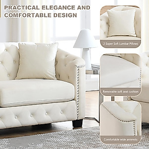 BUIORD 59" Modern Velvet Loveseat Chesterfield Sofa for Living Room,2-Seater Sofa,Upholstered Tufted Backrests with Nailhead Arms and 2 Cushions for Bedroom-Beige