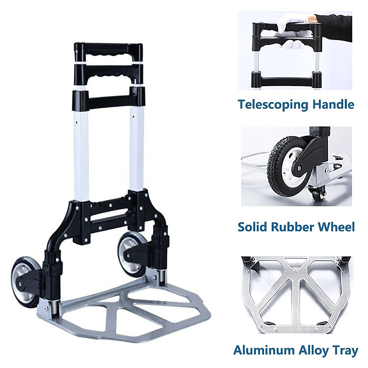 Folding Hand Truck and Personal Dolly,200lbs Aluminum Stair Climbing Dolly Cart with Rubber Wheels and Bungee Cord,Heavy Duty Handcart Luggage Cart for Home,Travel, Moving and Office Use