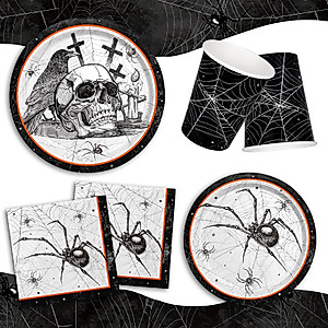 Spider Webs Halloween Party Supplies - Featuring Skull & Spider Themes, All-inclusive Wicked Web Paper Plates, Napkins, Cups, Tablecloth, and Banner. Ideal for Halloween Party Decorations, Serve 25 .
