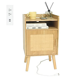 AWASEN Mid Century Nightstand with Charging Station, Rattan Night Stand with Storage, Bedside Table End Table with 2 Tiers Shelf Space for for Bedroom,Living Room, Natural Walnut