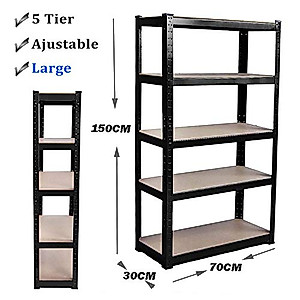 Heavy Duty 5 Tier Metal Garage Shelving Unit Boltless Storage Shelves Shed Kitchen Racking Office Storage Rack Industrial Shelf,150cm x 70cm x 30cm, 875KG Capacity, Black